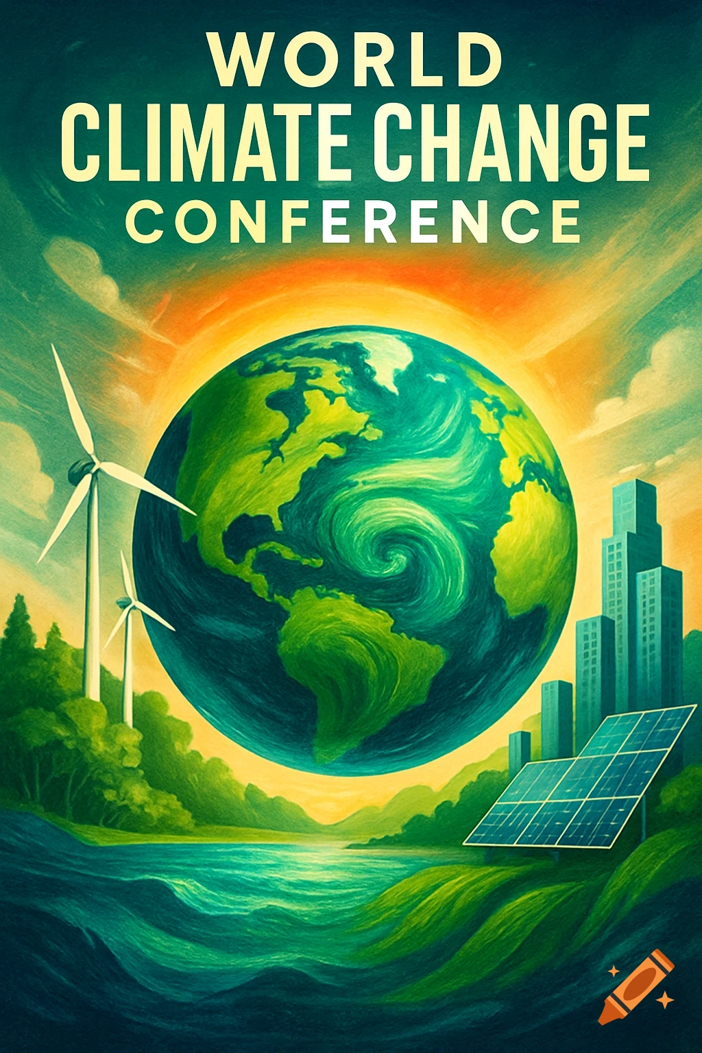 Stylized poster for a World Climate Conference featuring a globe, wind ...