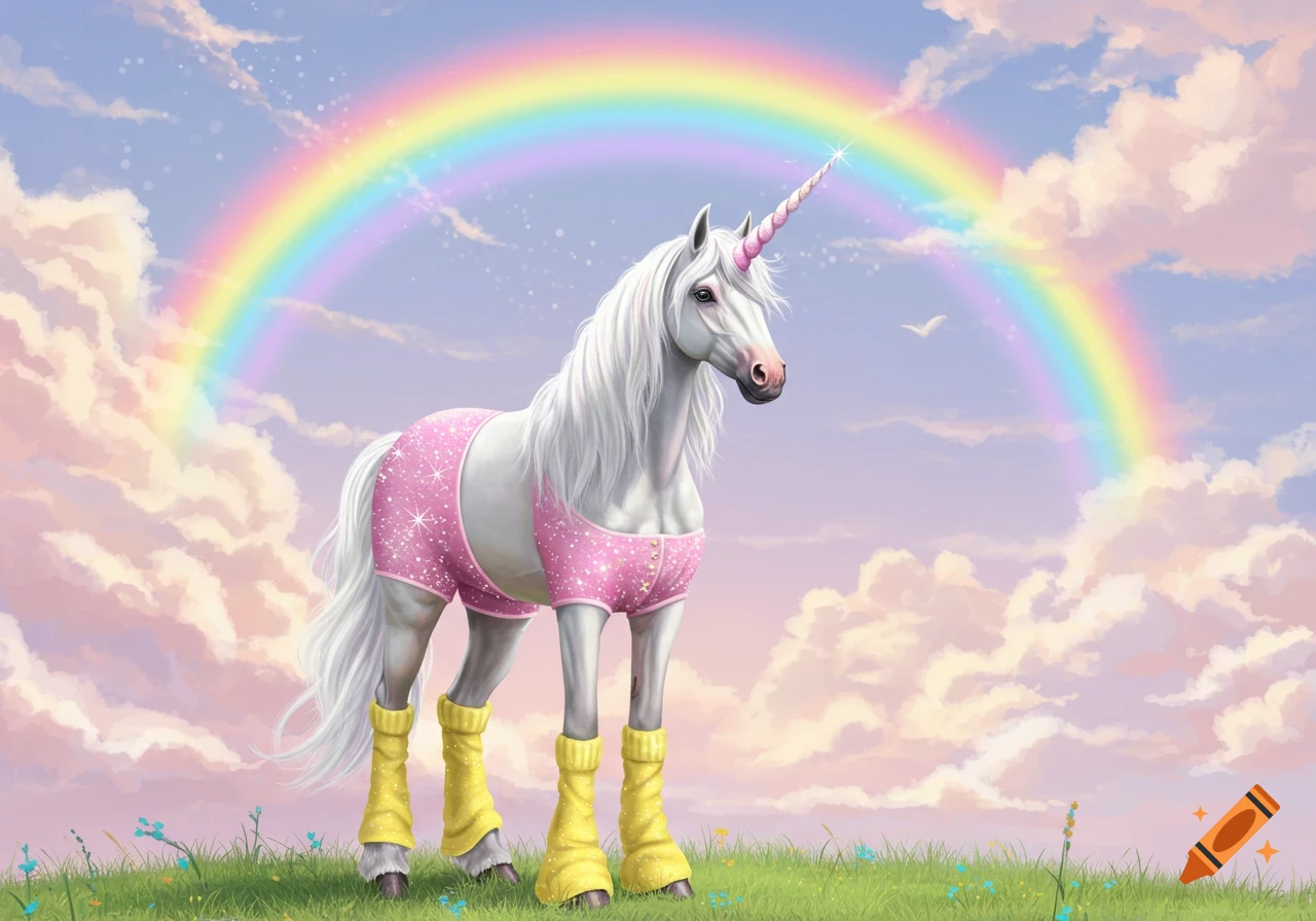 A rainbow unicorn wearing sunglasses breakdances on cracked red Mars ...