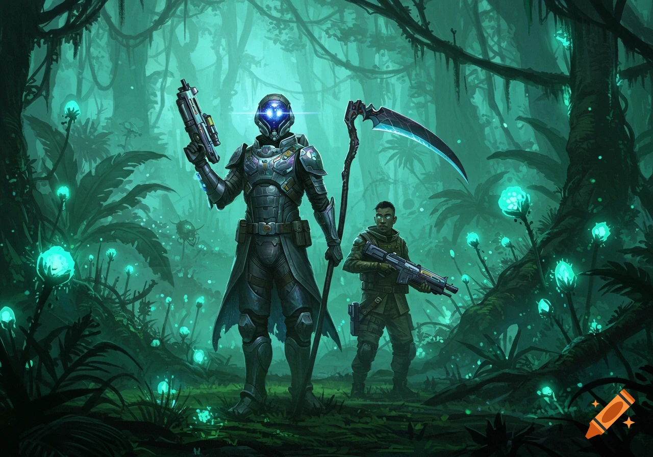 A space wanderer in futuristic armor with a blaster and glowing scythe ...