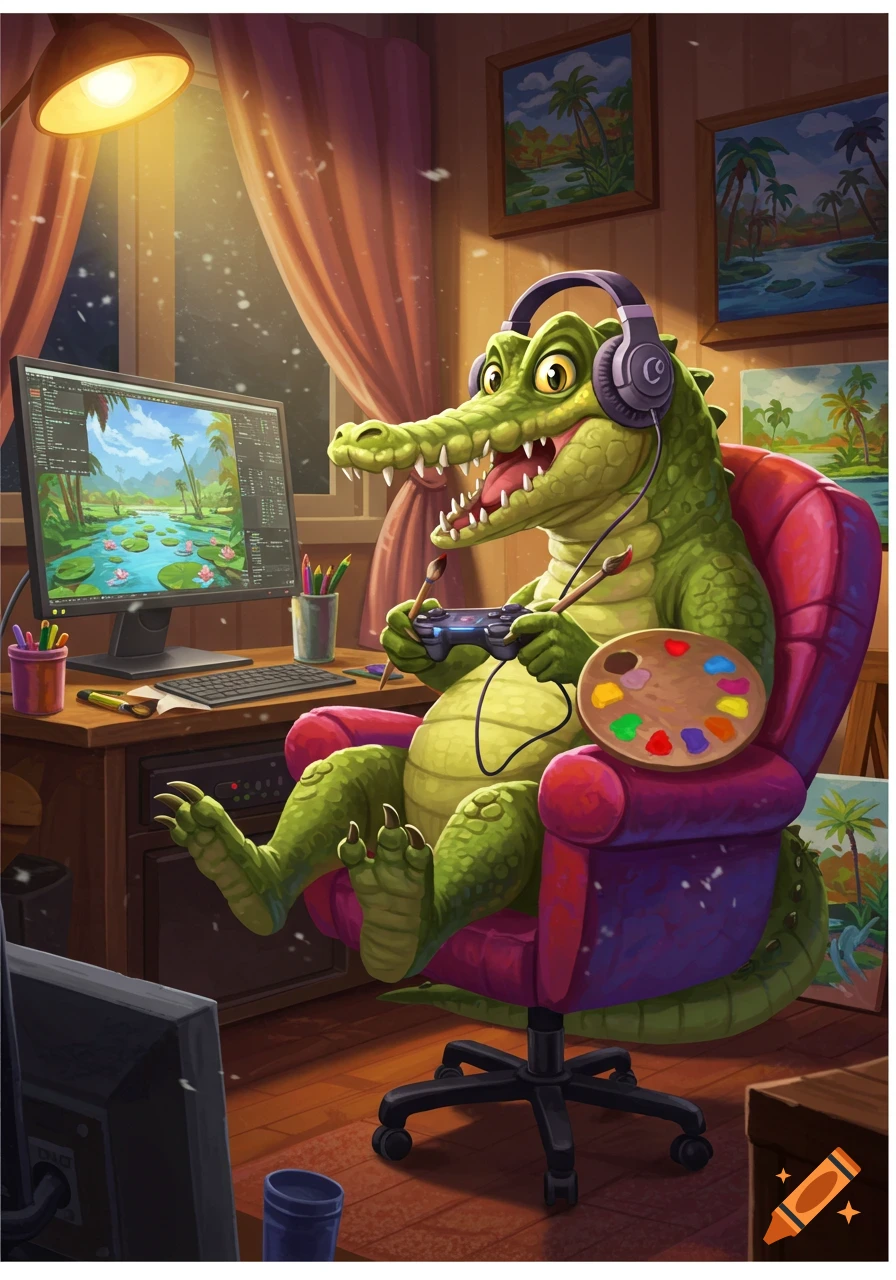 A friendly cartoon alligator with glasses, a hoodie, and a '12' t-shirt ...