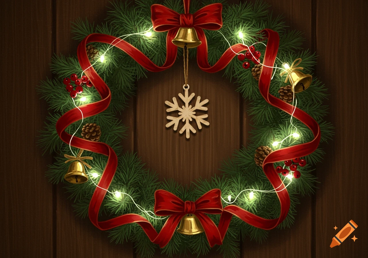 A festive illustration of red and green Christmas ornaments with ...