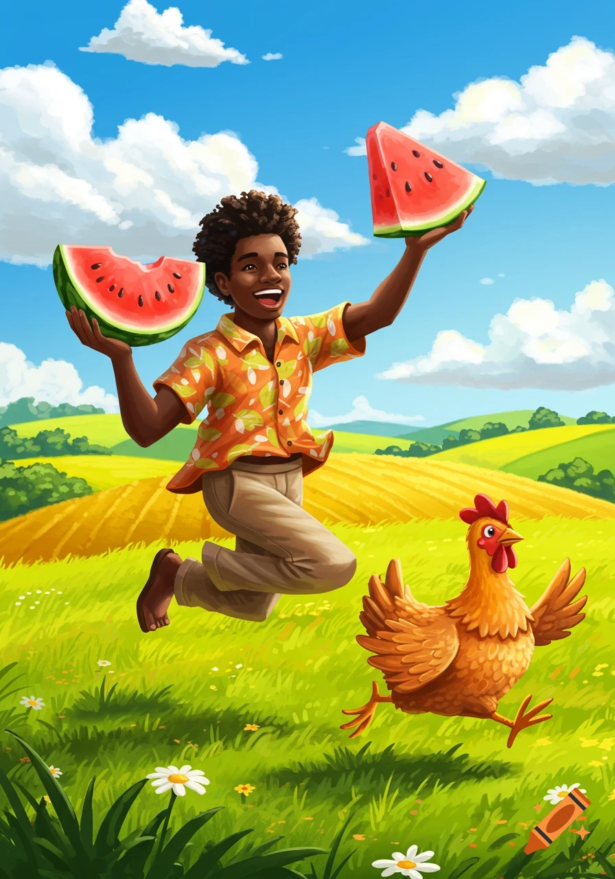 A Black man jumps in a sunny green field, holding watermelon slices, with a chicken running ...