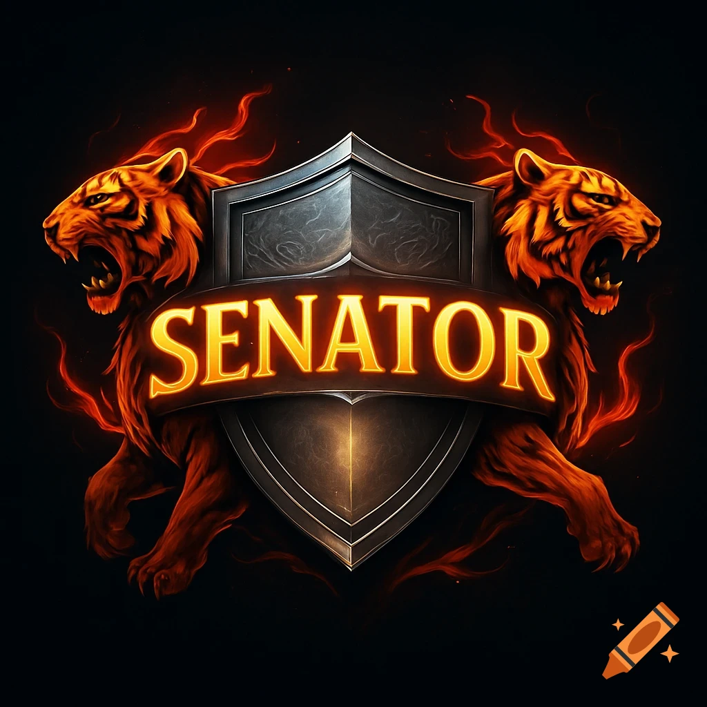 A fiery logo with a glowing 'SENATOR' banner across a silver shield, flanked by two roaring ...