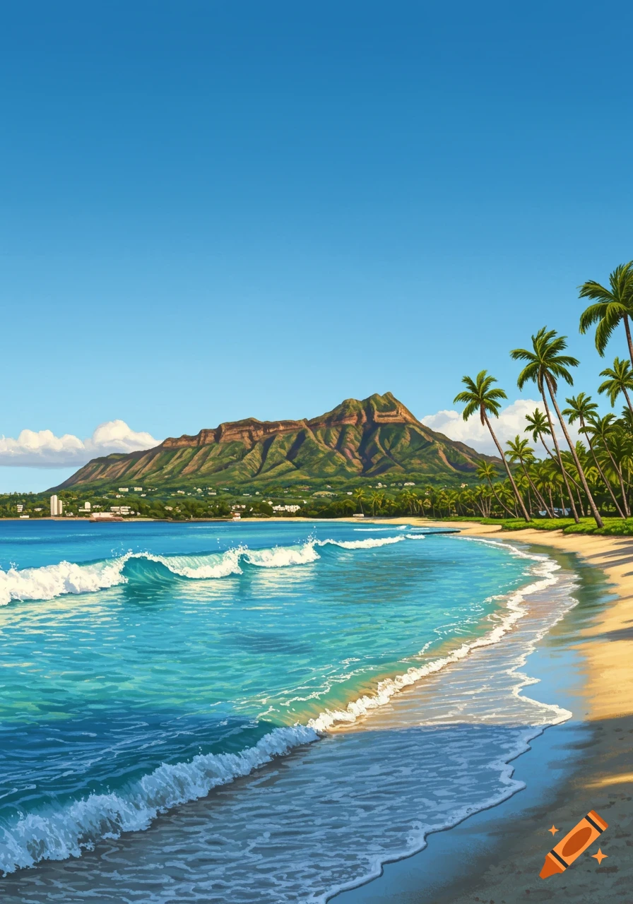 A vibrant illustration of a tropical beach with turquoise waves, golden ...