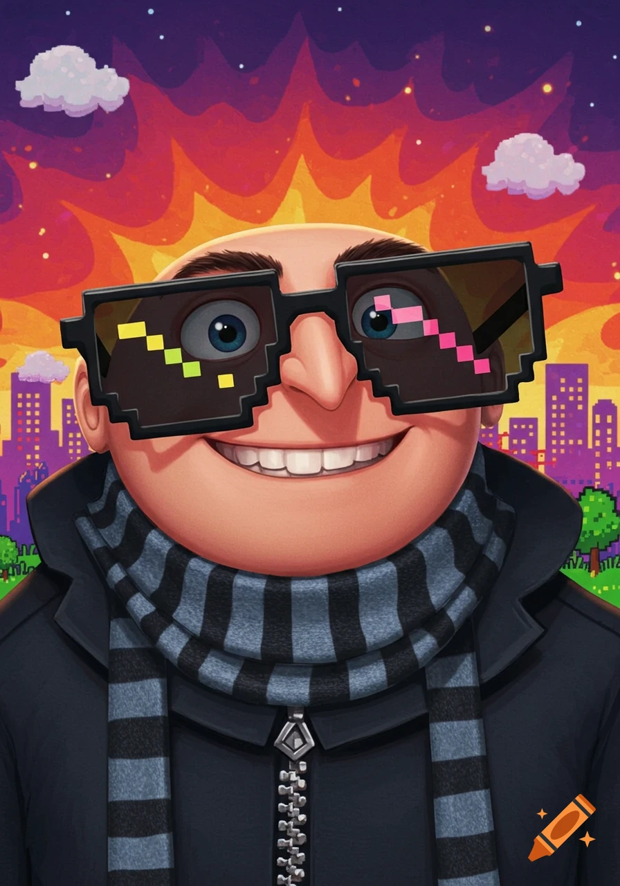 Gru from Despicable Me smiling, wearing large pixelated sunglasses ...