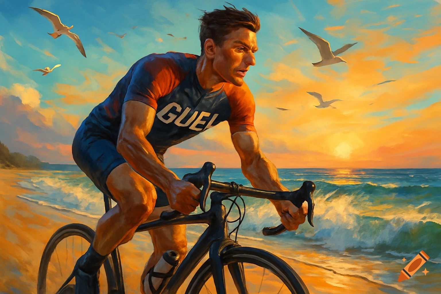 A man in cycling shorts rides a bicycle, looking back over his shoulder ...