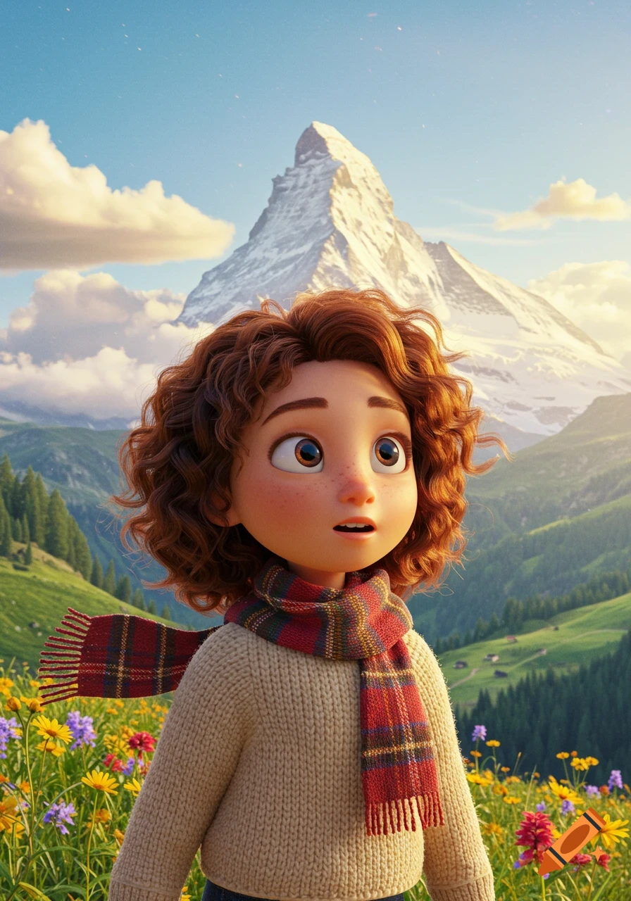 A smiling animated person in a brown jacket and patterned scarf stands ...