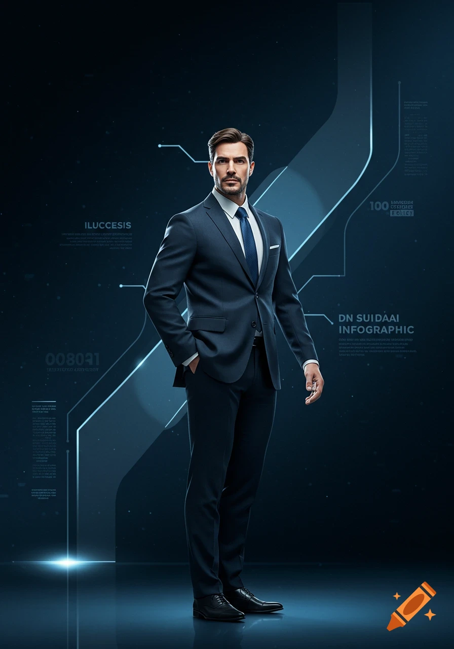 A wealthy man in a suit stands among luxury cars, helicopters, a ...