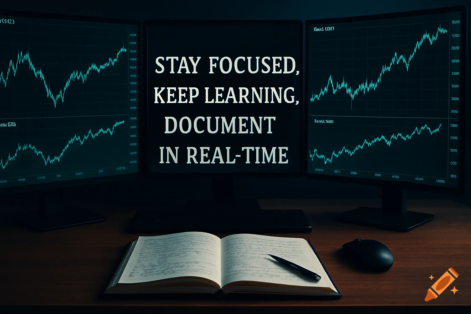 Three computer monitors displaying stock charts and a motivational ...