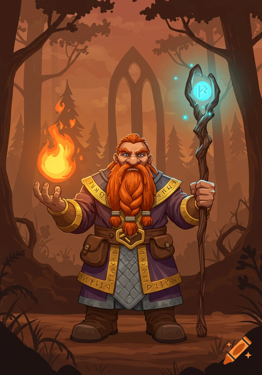 A cartoon dwarf wizard with a red beard stands in a forest, holding a ...