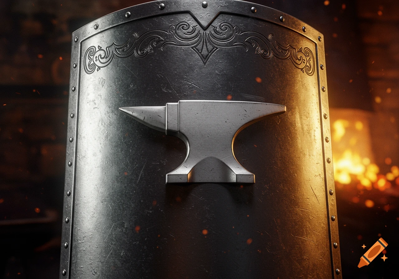 A photorealistic image of a metal tower shield featuring a white anvil ...