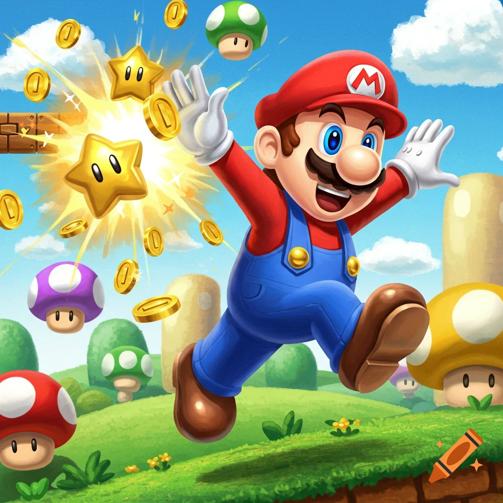 Mario jumps joyfully, surrounded by gold coins and large mushrooms in a ...