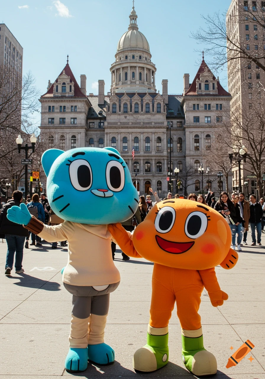 Gumball and Darwin Watterson mascot characters stand posing in front of ...
