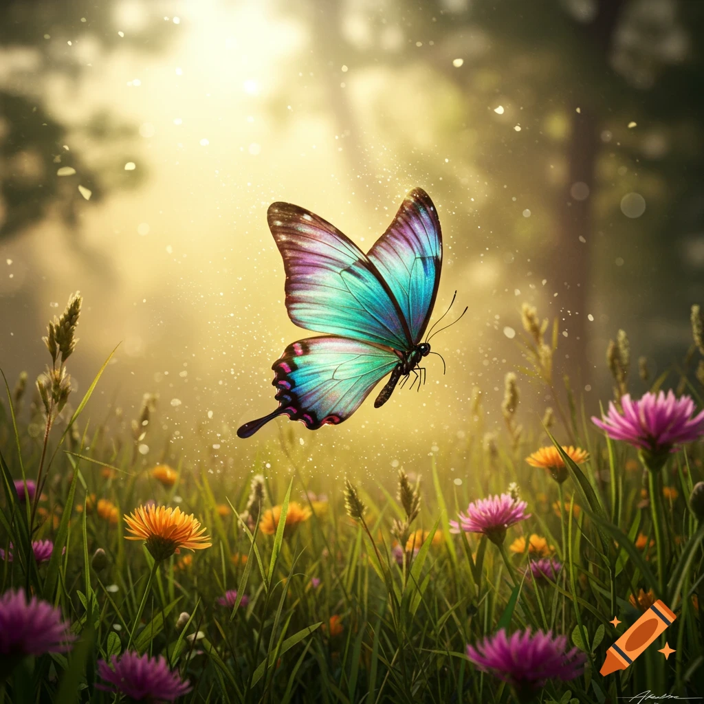 A vibrant blue and orange butterfly flies over a dirt path where a ...
