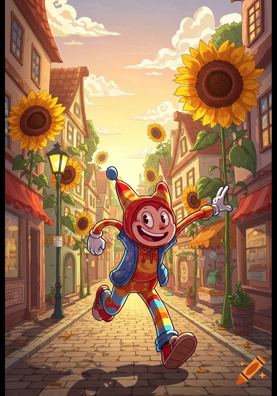 A happy cartoon character in a red and blue jester costume runs down a ...