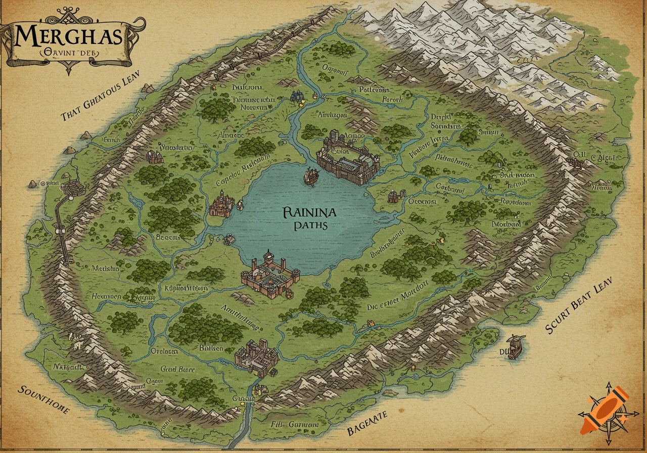 A detailed, hand-drawn fantasy map of a fictional land, featuring a ...