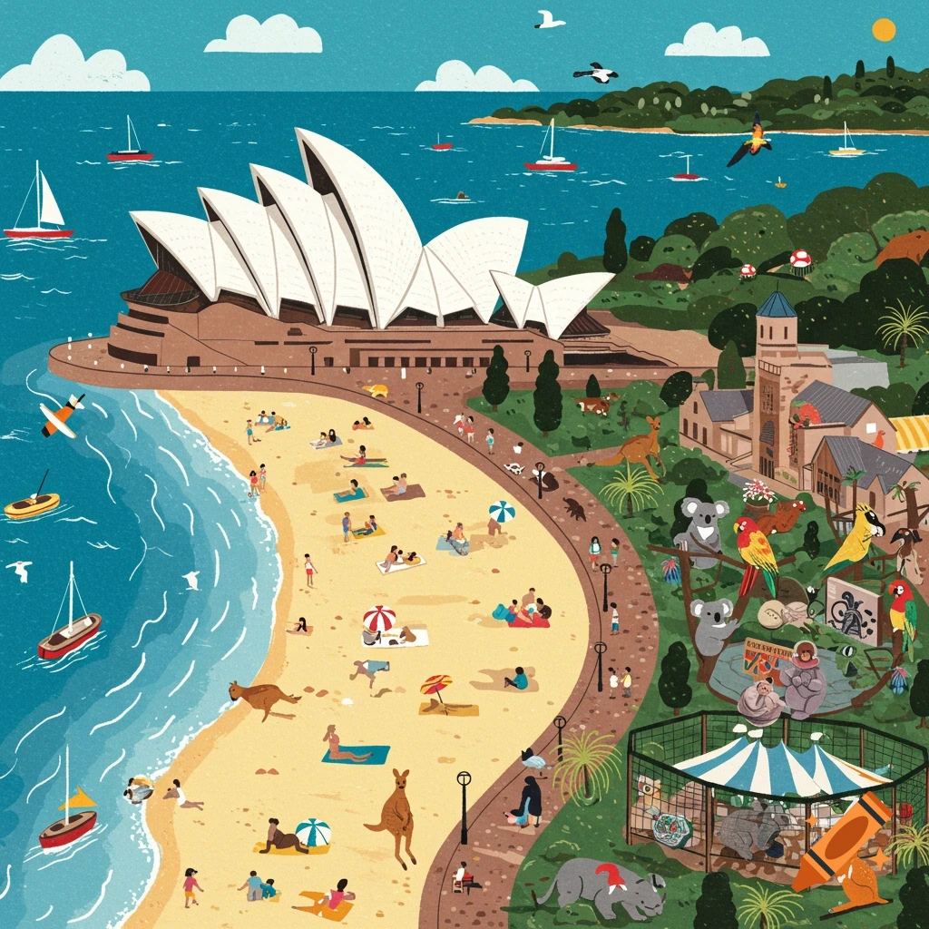 Colorful cartoon illustration of Sydney, Australia, showing the Opera ...