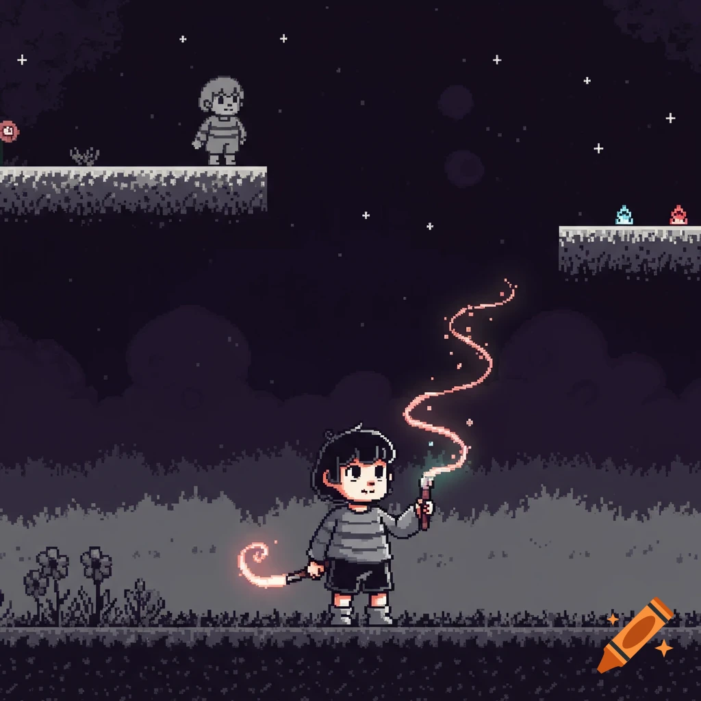 A pixel art top-down winter town scene with a red-roofed house, snowy ...