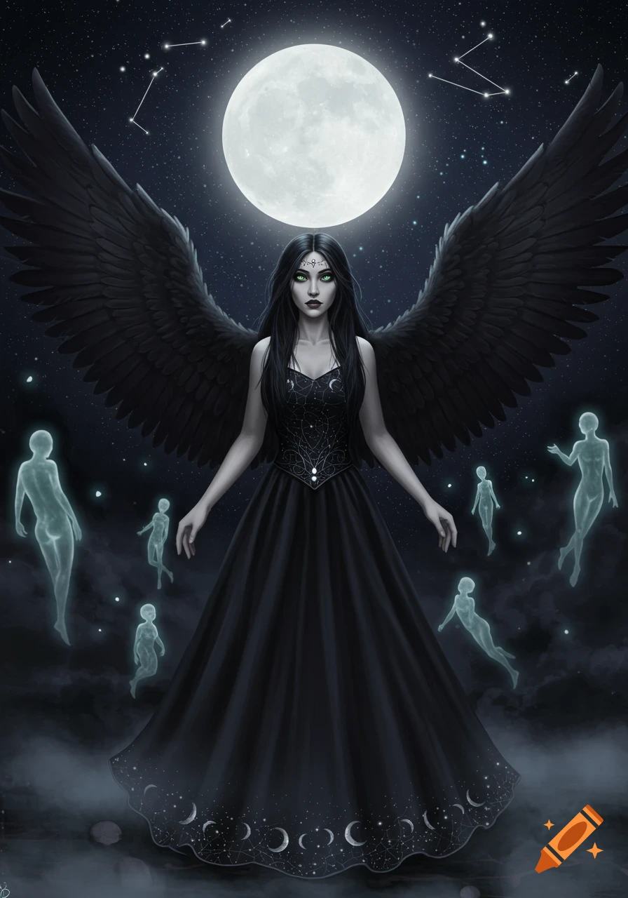 A pale, dark-winged goddess with green eyes stands under a full moon ...