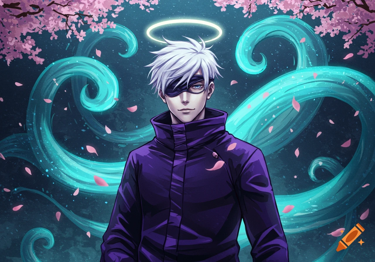 Full body illustration of Satoru Gojo in a dynamic pose on Craiyon