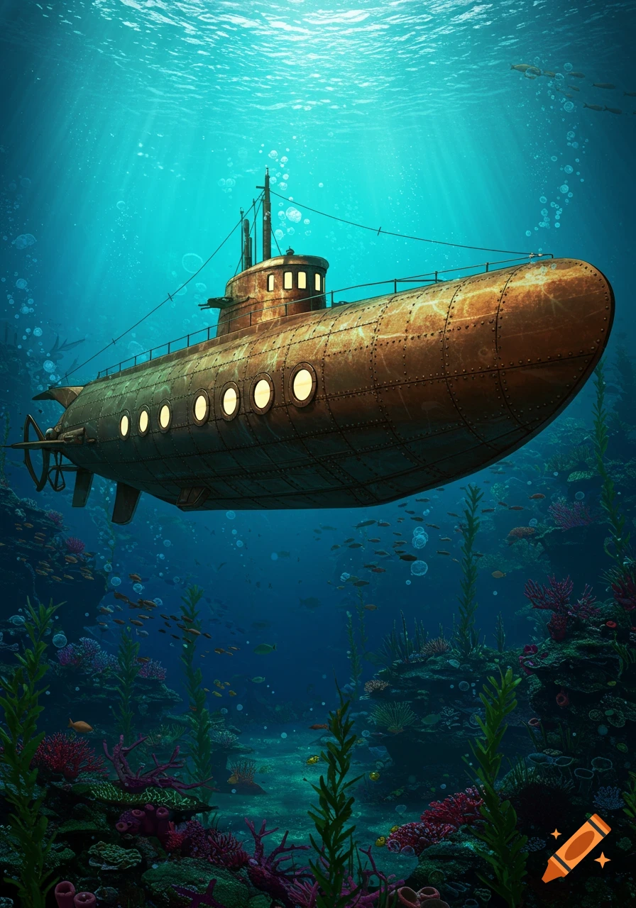 A rusty, vintage-style submarine with glowing portholes floats through ...