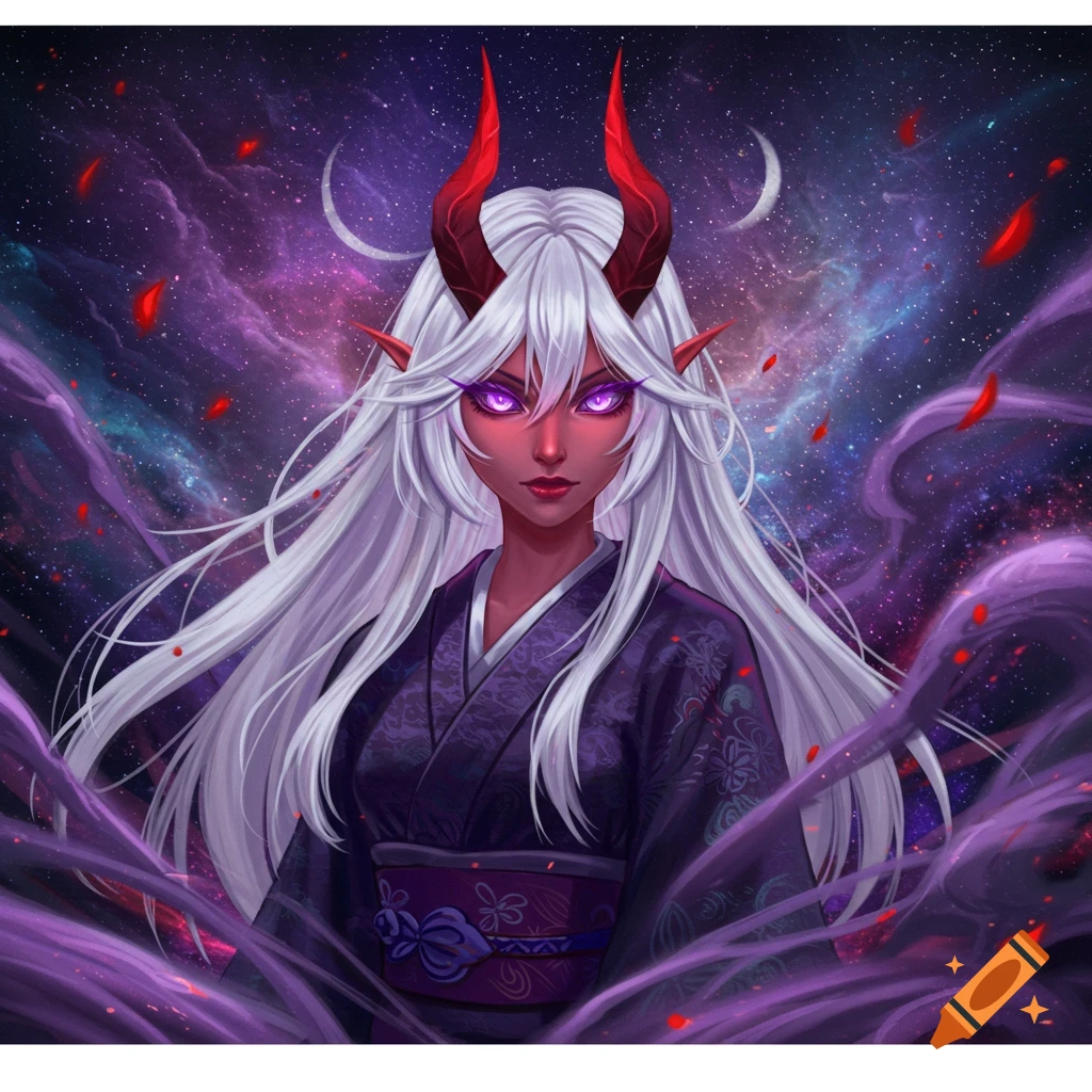 An anime demon girl with long white hair, red horns, purple eyes, and ...
