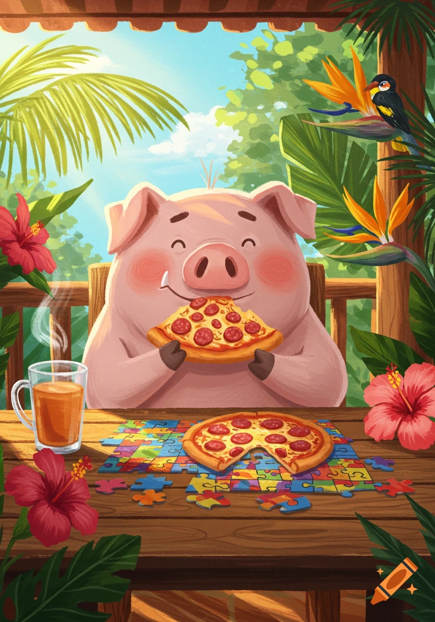 A happy cartoon pig eats a slice of pepperoni pizza at a wooden table ...