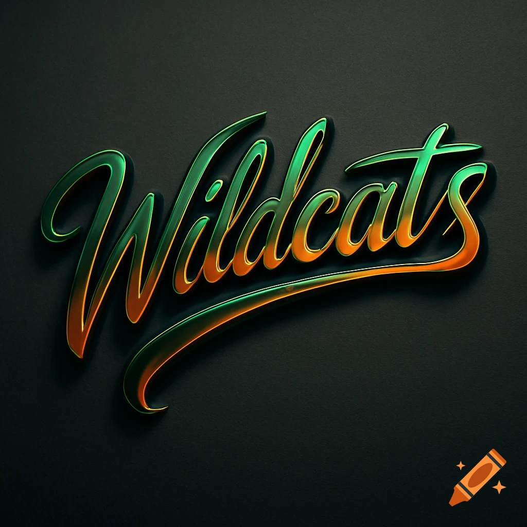 The word 'Wildcats' in a glossy green-to-orange script font with a 3D ...