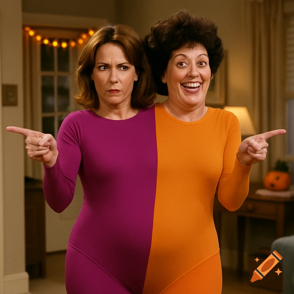 Two women are joined at the torso in a purple and orange split leotard ...