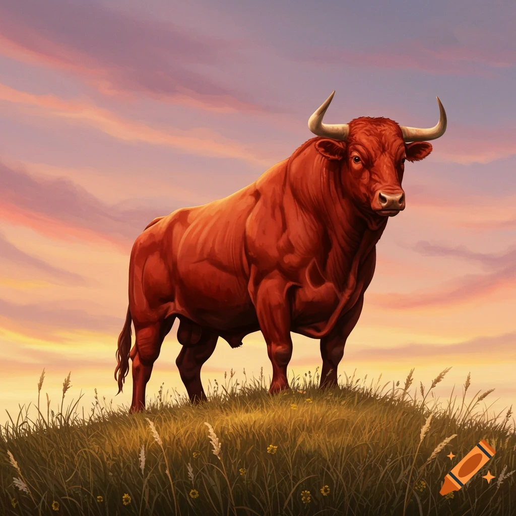 A muscular red bull stands proudly on a grassy hill, silhouetted ...