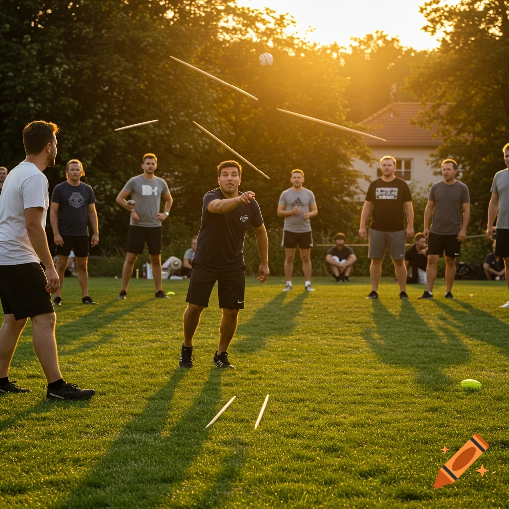 Men play an outdoor game with sticks on a grassy field during golden ...