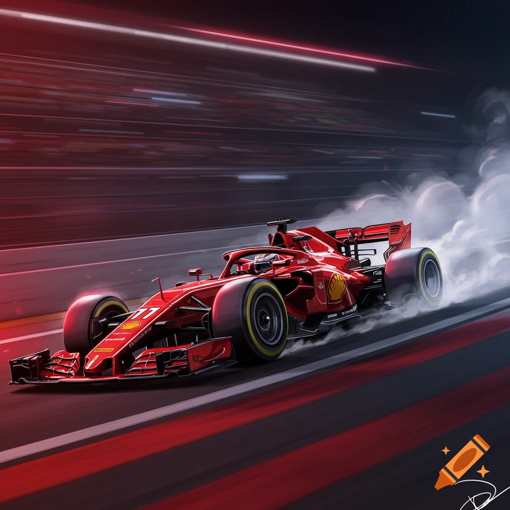 A stylized illustration of a red Formula 1 race car speeding on a track ...