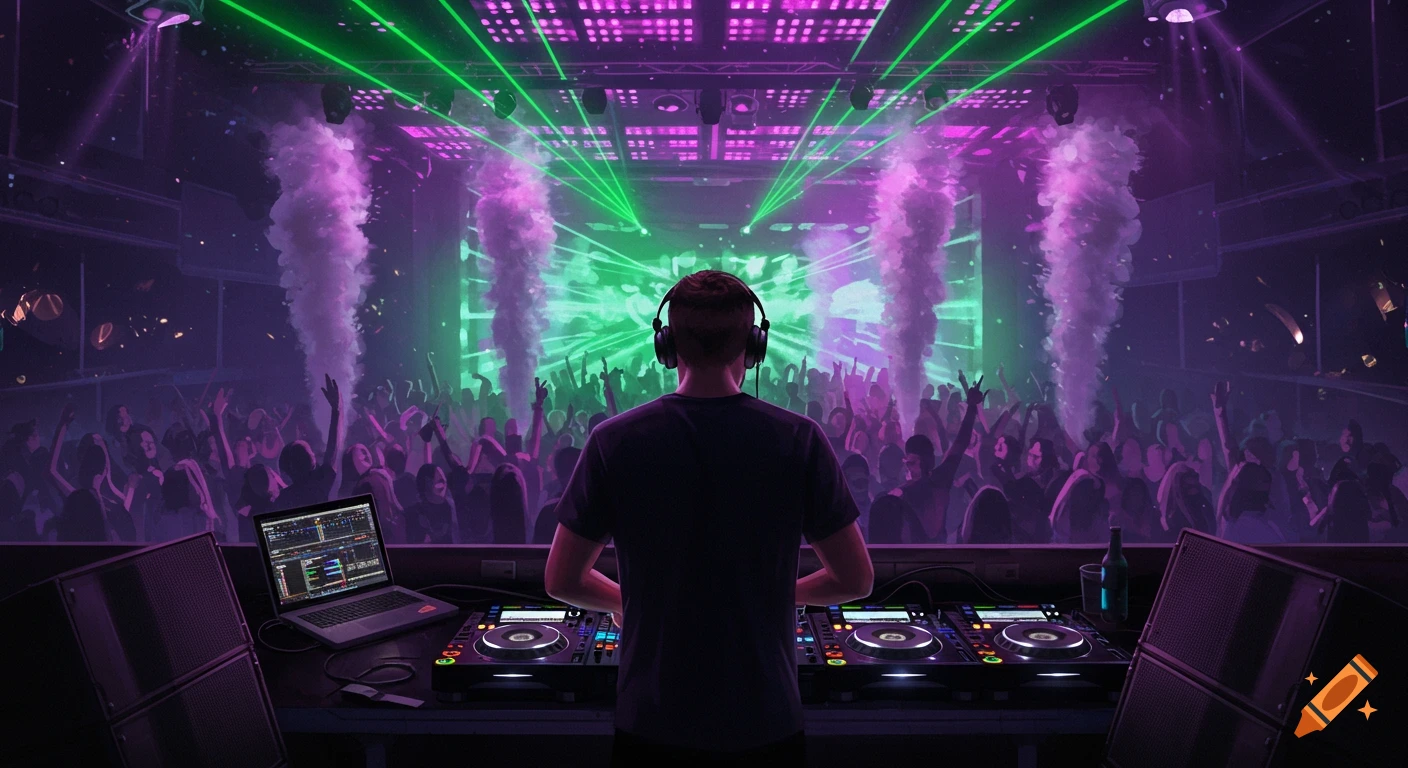 A smiling anime-style girl cheers at a vibrant techno music festival ...