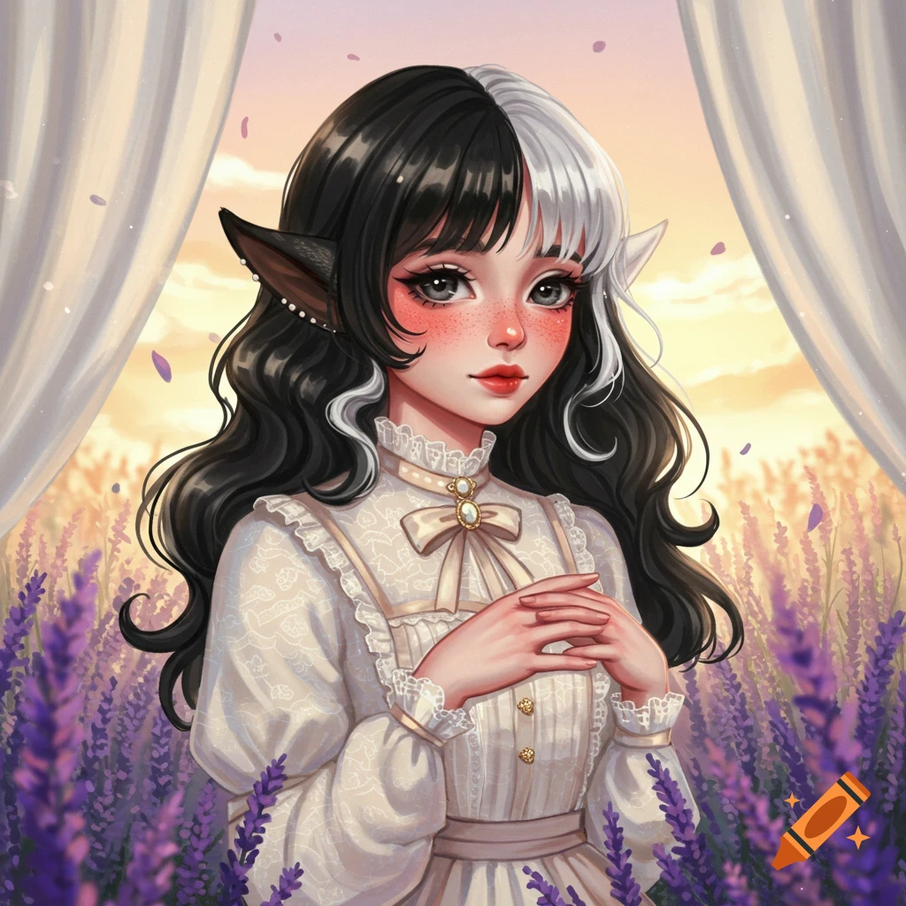 An anime-style elf girl with black and white hair, red cheeks, and ...