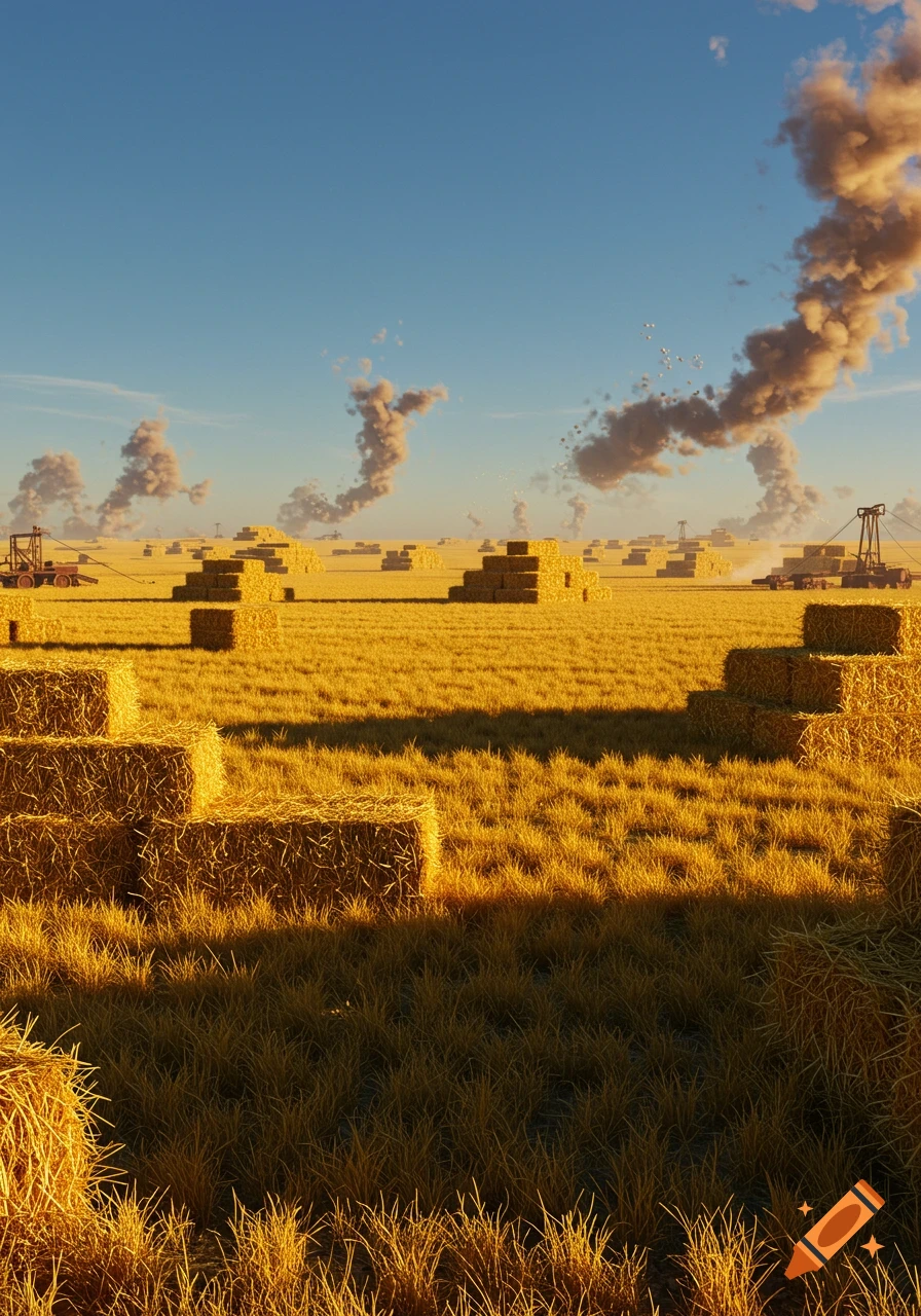 A vast golden field filled with stacked hay bales under a blue sky ...