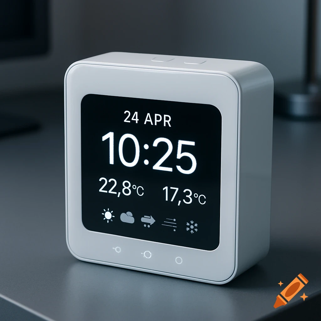 A white square digital device with a black screen displaying '24 APR ...