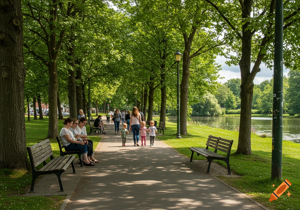 A sun-drenched park path lined with green trees and benches, with ...