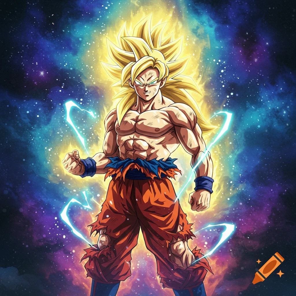 Goku in Super Saiyan form, glowing with golden energy and lightning ...