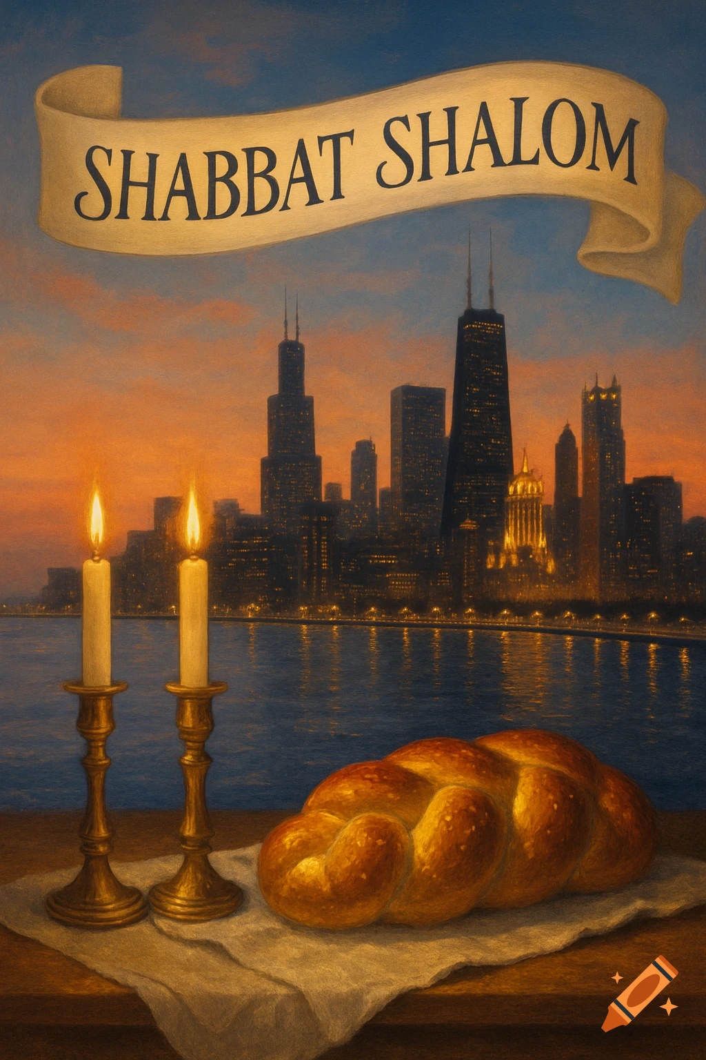 A painting of Shabbat candles and challah on a table with a "SHABBAT ...