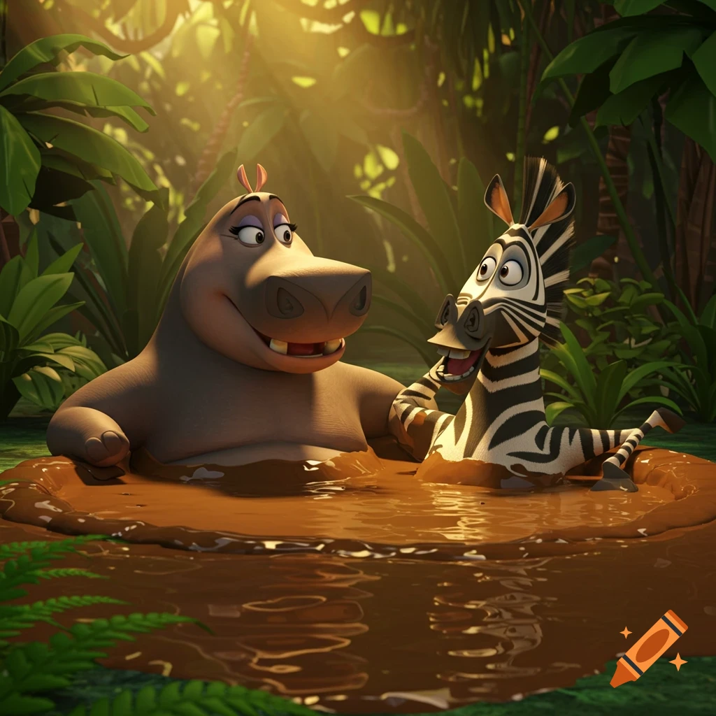 Gloria the hippo and Marty the zebra from Madagascar relaxing chest deep in a mud hot tub, 3D ...