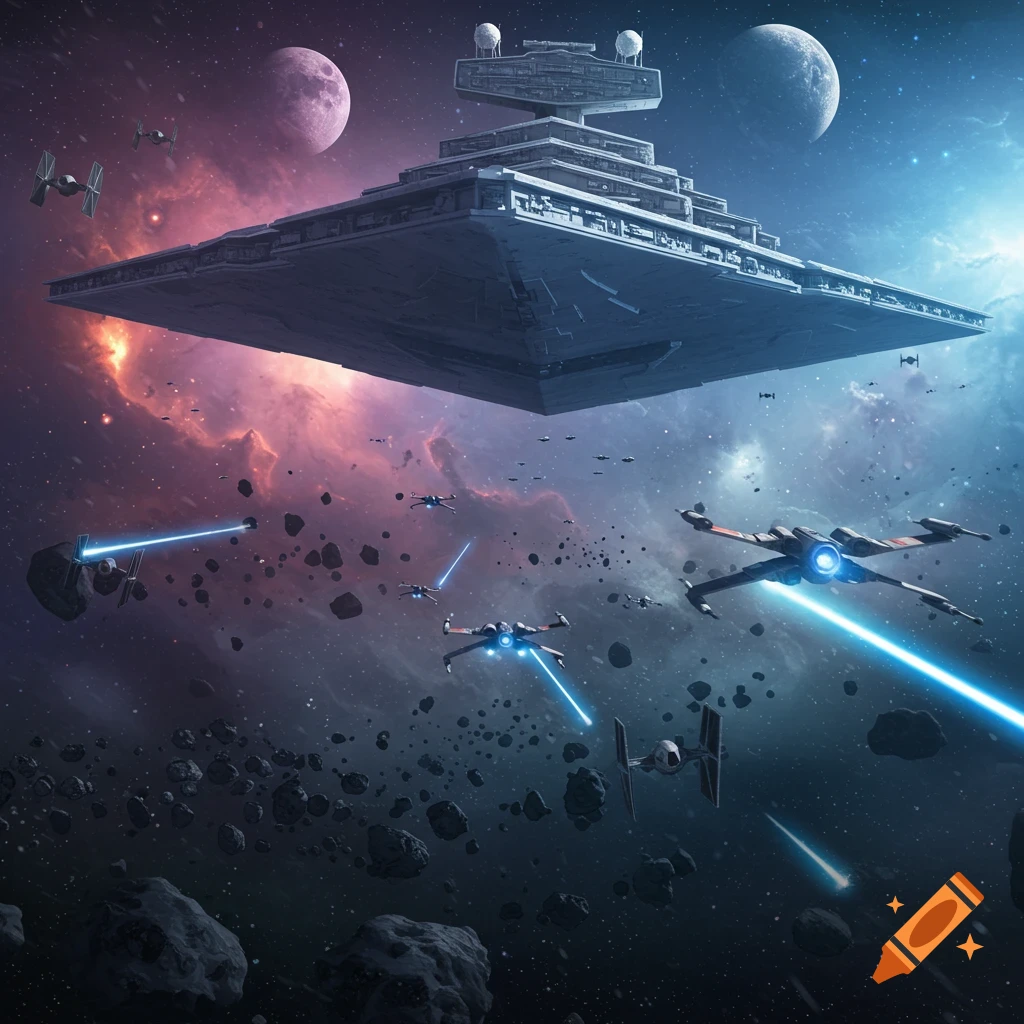 Star Wars scene with two Star Destroyers in a laser battle on Craiyon