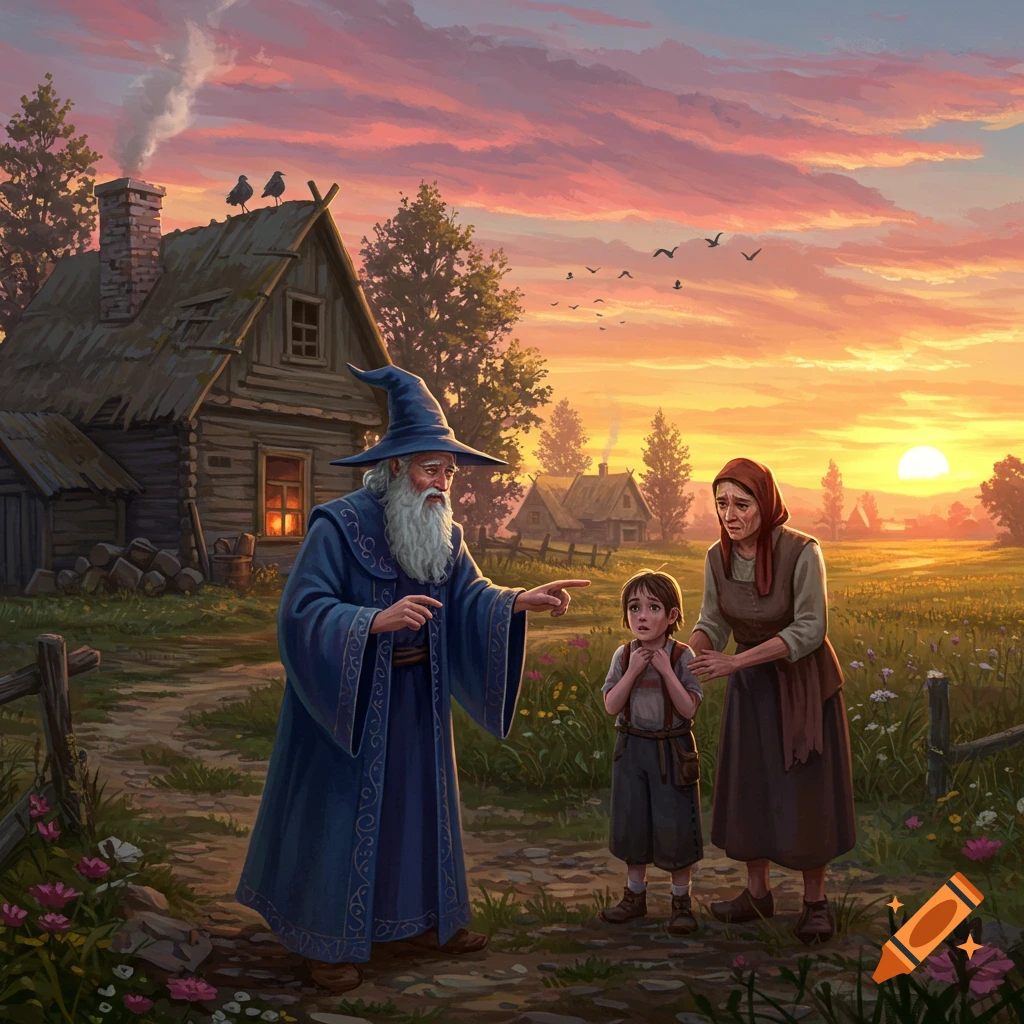 A wizard points at a scared child while a distressed woman stands ...