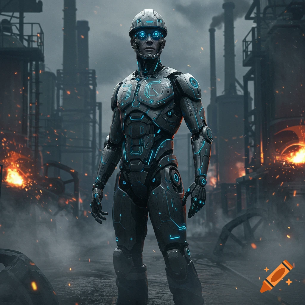A male worker drone with glowing blue accents in an industrial setting ...