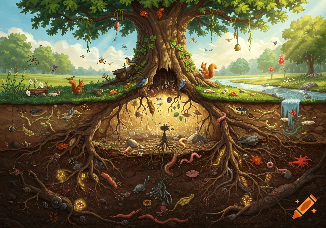 Circular illustration of golden justice scales balancing leaves and a ...