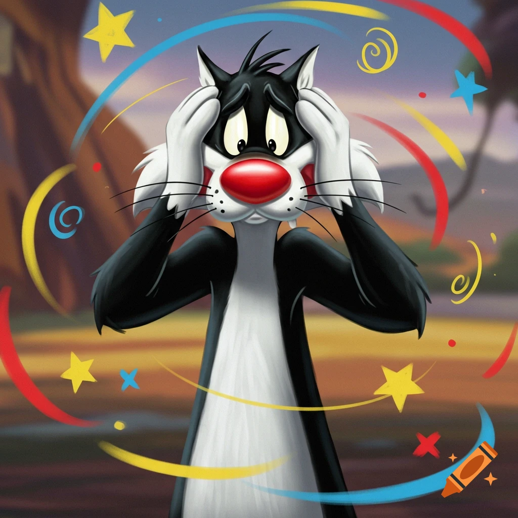 Cartoon Sylvester the Cat holds a 'Frohes Neues Jahr 2026' banner on a ...