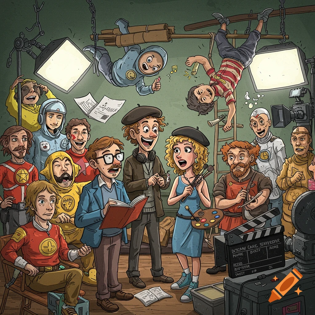 A cartoon illustration of a bustling movie set with a director, actors ...
