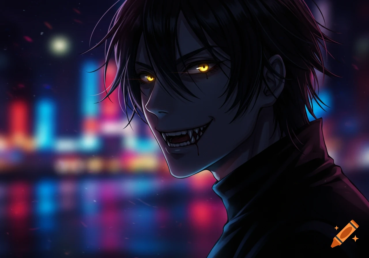 An anime-style dark-haired man with glowing yellow eyes and sharp fangs ...