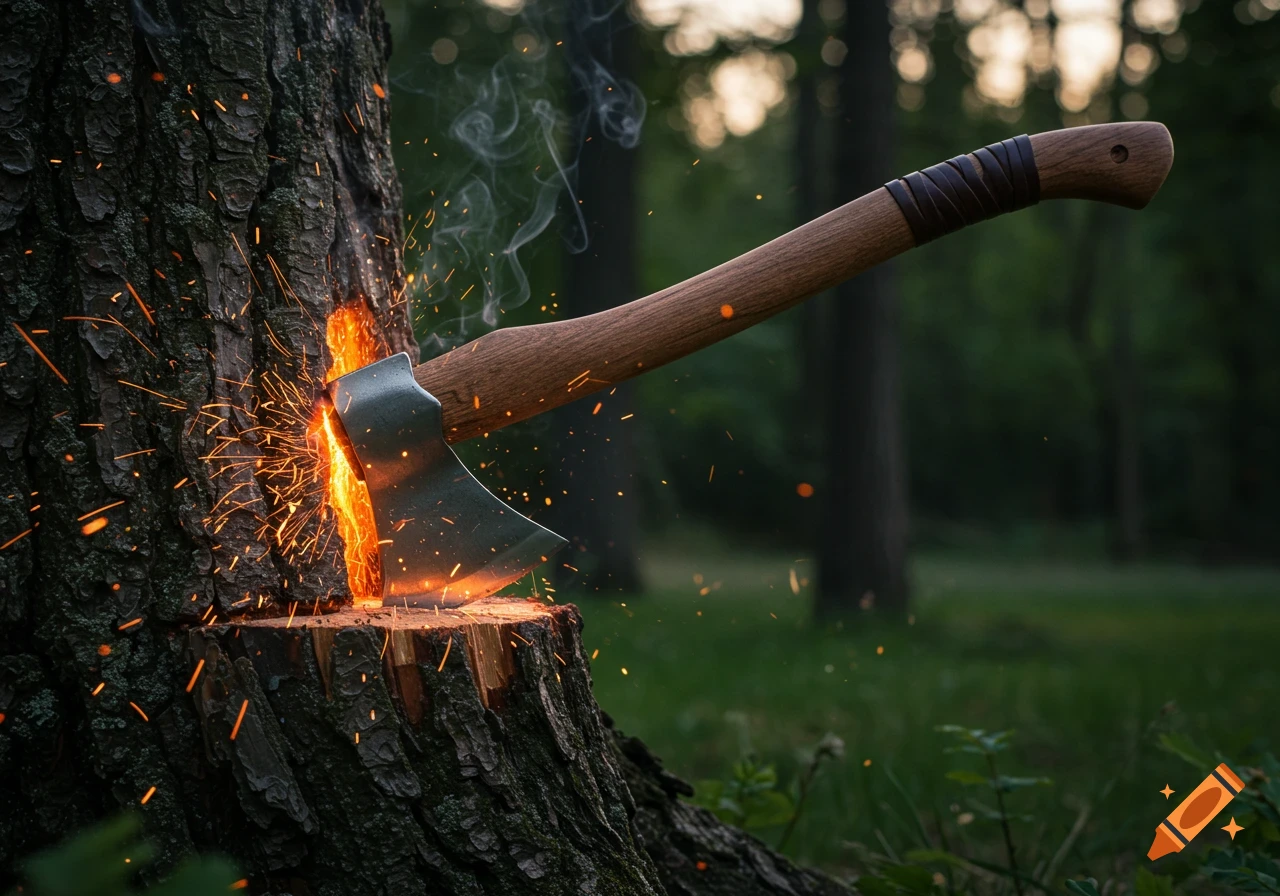 A metal axe deeply lodged in the trunk of a tree, with bright orange ...