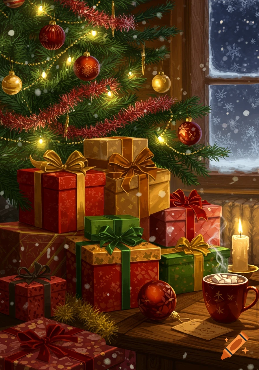 A Roy Lichtenstein-style Christmas greeting card with a green tree, red ...