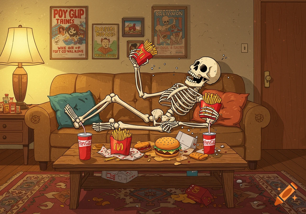 Cartoon skeleton lounging on a brown couch, eating burgers and fries ...